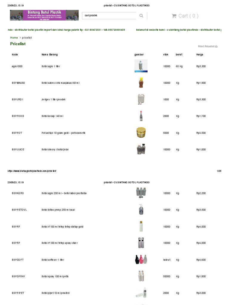 Pricelist - CV - BINTANG BOTOL PLASTINDO | PDF | Notation | Volume