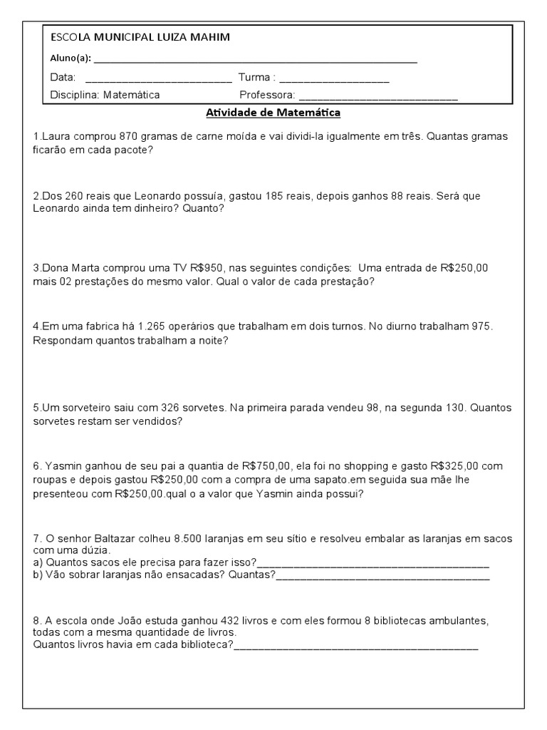 Atividade de Matemática Problemas 6 Ano | PDF