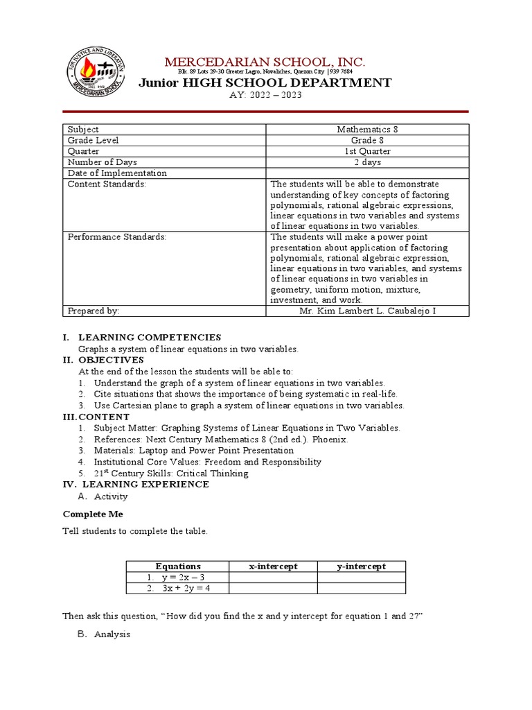 Grade8 Graphing System Of Linear Equations In Two Variables Pdf