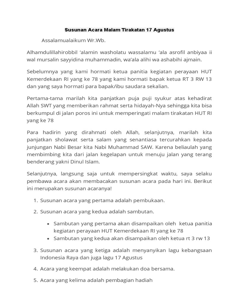 Susunan Acara Tirakatan 17 Agustus | PDF | Kajian Bahasa Asing | Seni