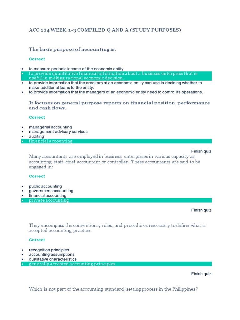 ACC 124 - Week 1-3 Quiz | PDF | Accounting | Financial Statement