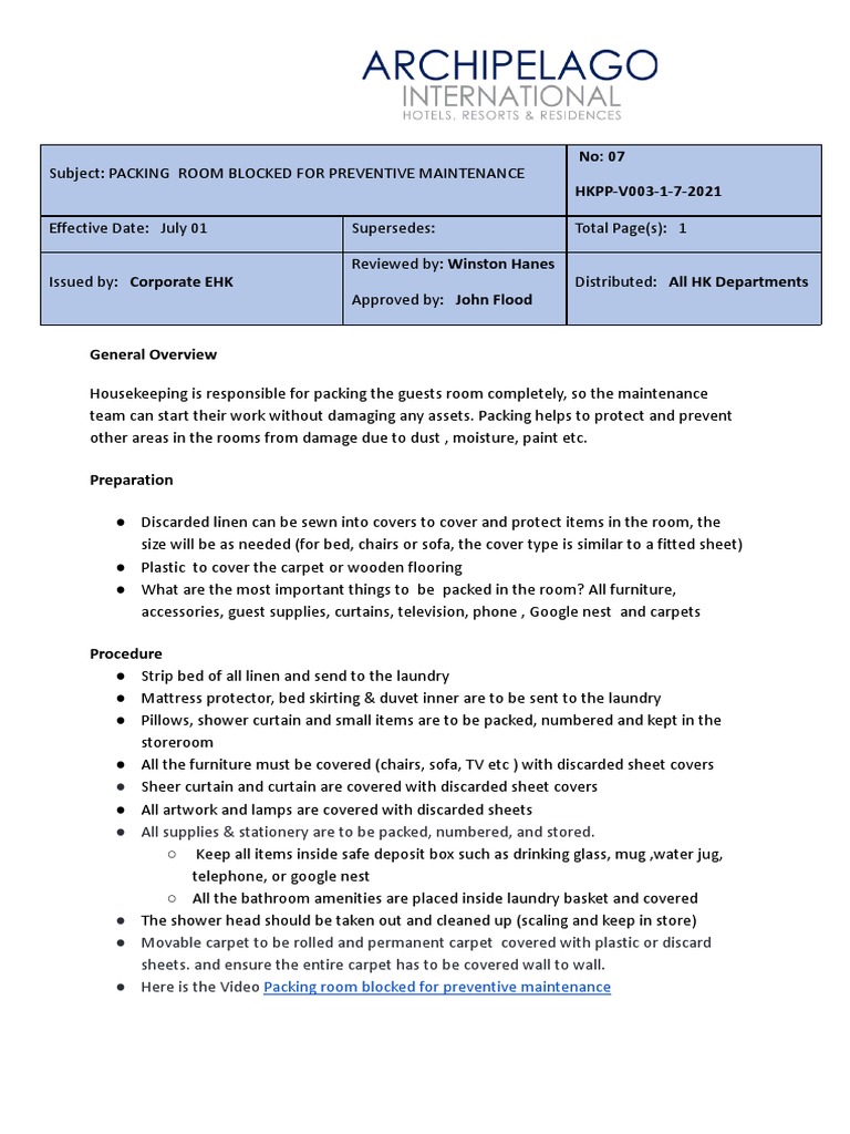 Housekeeping Packing for Maintenance | PDF