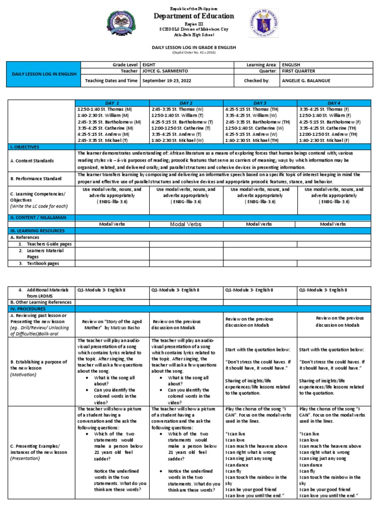 Grade 8 English Daily Lesson Log | PDF | Verb | English Language