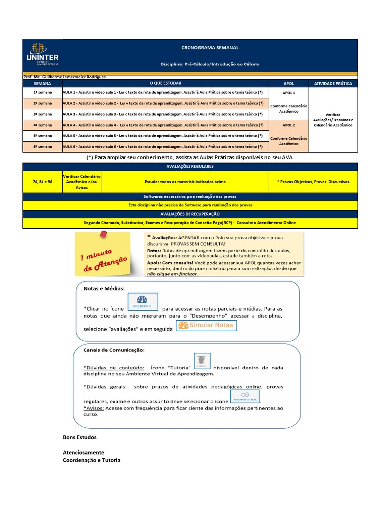 Cronograma Semanal 2023 Pre Calc Int | PDF