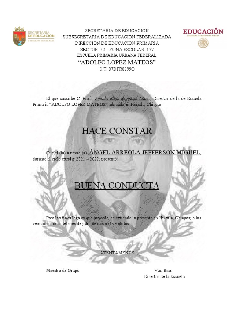Certificado de Buena Conducta Primaria | PDF | Salud y bienestar