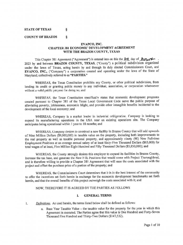 Proposed Chapter 381 Economic Development Agreement Between Brazos ...