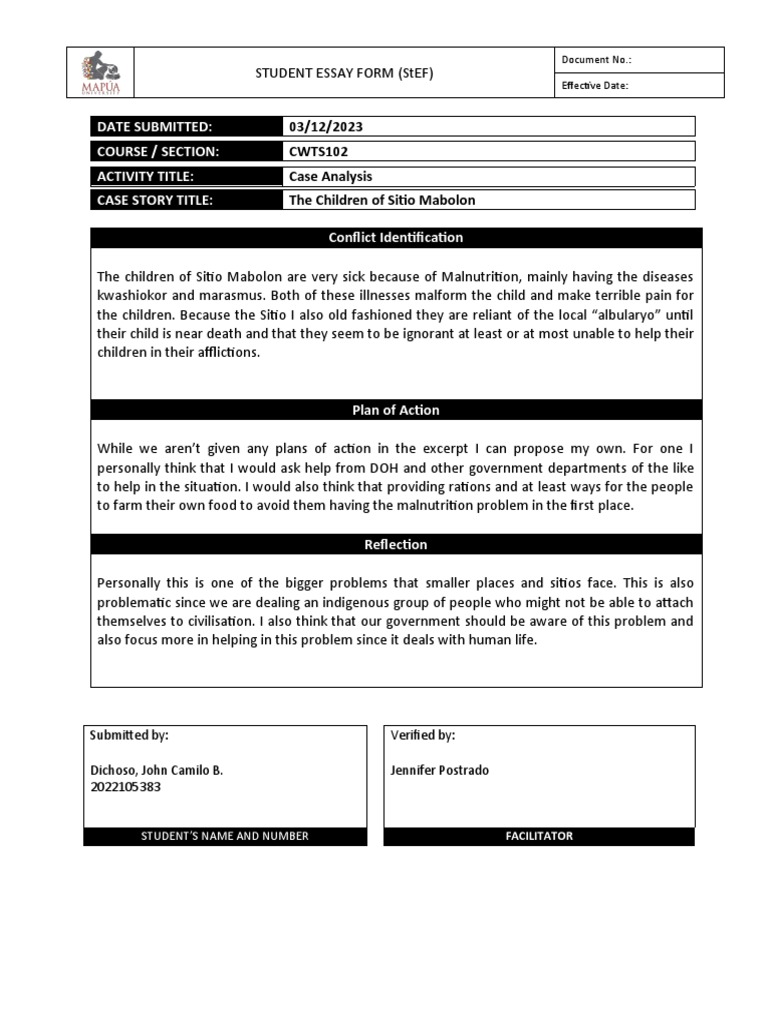 Dichoso - A11-EECE-CWTS-Form - Case Analysis Essay The Children of ...