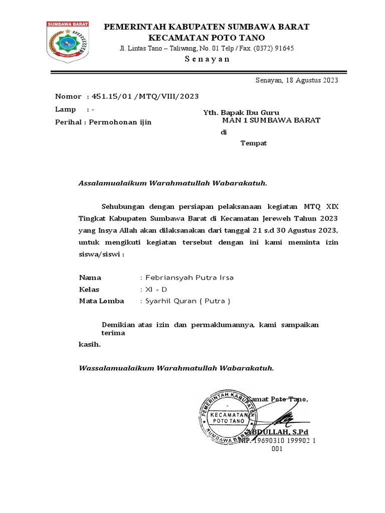 Surat Izin Peserta MTQ Ke Sekolah 2023 | PDF Surat Izin Peserta MTQ Ke Sekolah 2023 | PDF