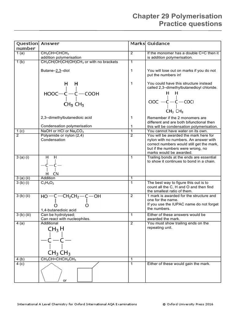 AQA A Level Chem CH29 Practice Question Answers | PDF | Polymerization | Hydrolysis