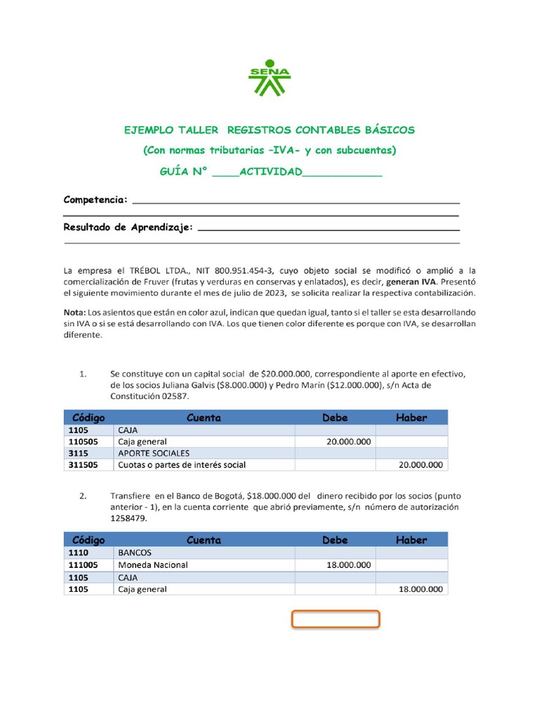 DESARROLLO TALLER ASIENTOS CONTABLES BÁSICOS - El TRÉBOL LTDA CON IVA | PDF DESARROLLO TALLER ASIENTOS CONTABLES BÁSICOS - El TRÉBOL LTDA CON IVA | PDF