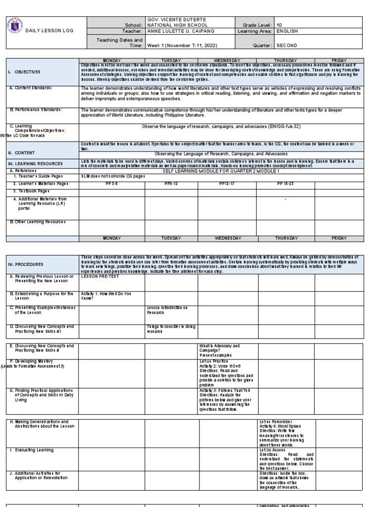DLL - Eng10 Week 1 | PDF | Learning | Curriculum