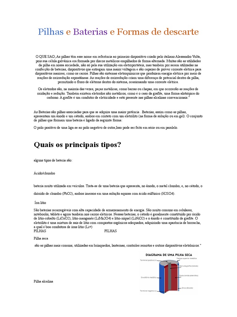 Pilhas e Baterias e Formas de Descarte | PDF | Eletrodo | Cátodo