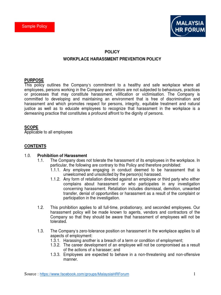 Workplace Harassment Prevention Policy (Sample) | Download Free PDF ...
