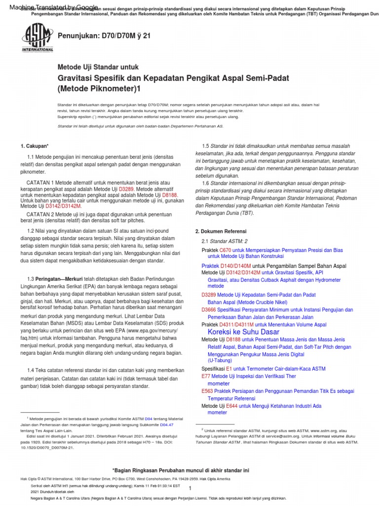 Astm-D70 Gravitasi Spesifik Dan Kepadatan Pengikat Aspal Semi Padat | PDF