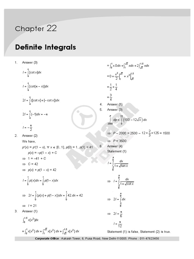 Definite Integrals Solutions | PDF