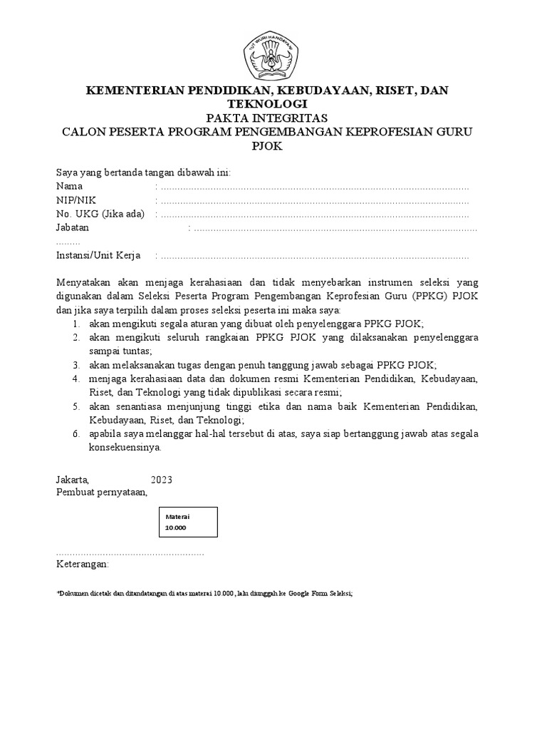 Pakta Integritas PPKG PJOK | PDF