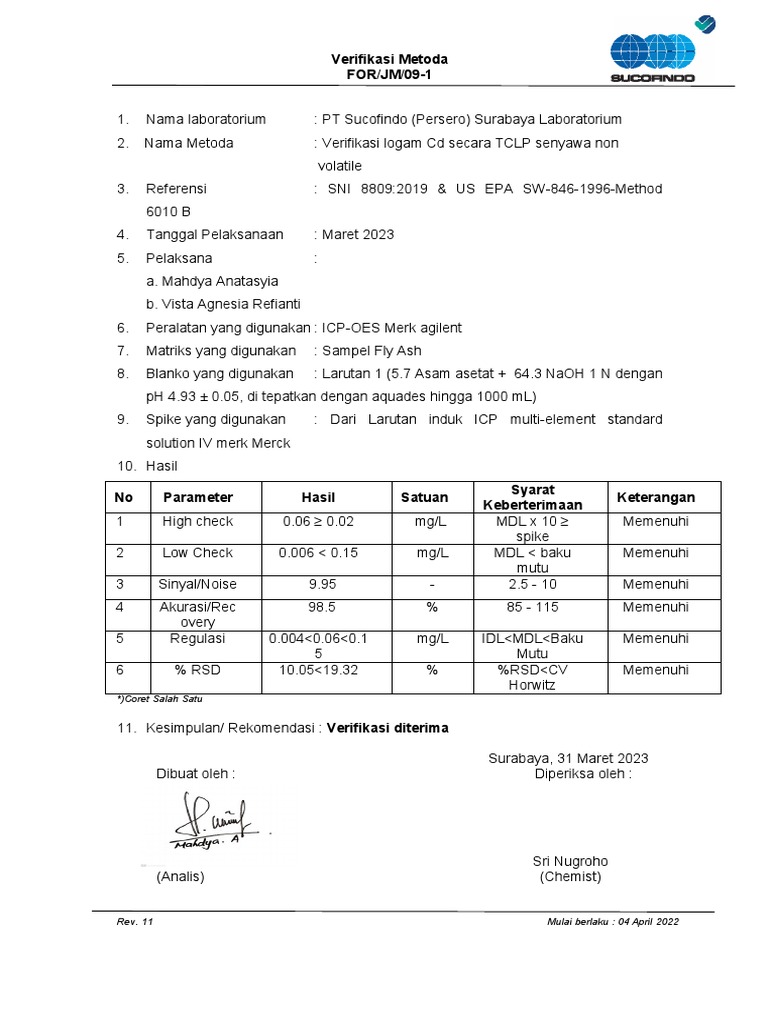 FOR JM 09-1 Laporan Verifikasi Limbah Padat TCLP 2023 TANPA TTD | PDF