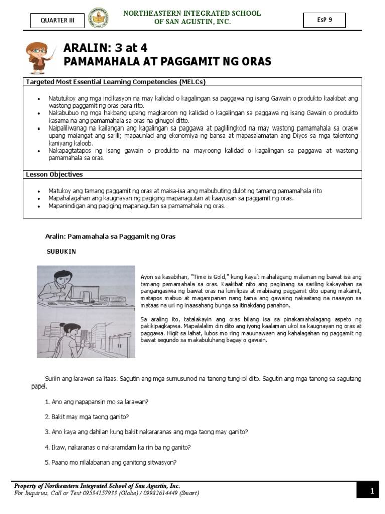 Aralin 3 at 4 - EsP G9 (Quartrer 3) PAMAMAHALA SA PAGGAMIT NG ORAS | PDF