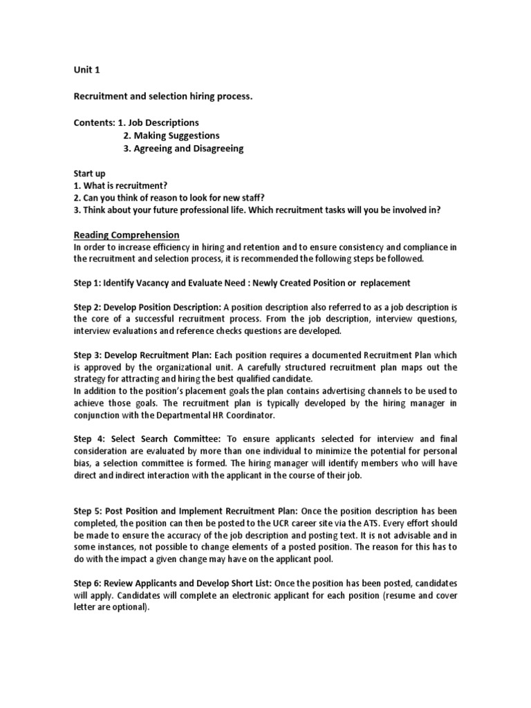 UNIT 1 Recruitment and Selection Hiring Process | PDF | Recruitment ...