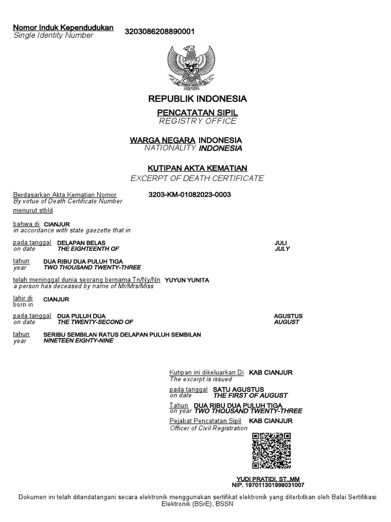 Akta Kematian Yuyun Yunita | PDF