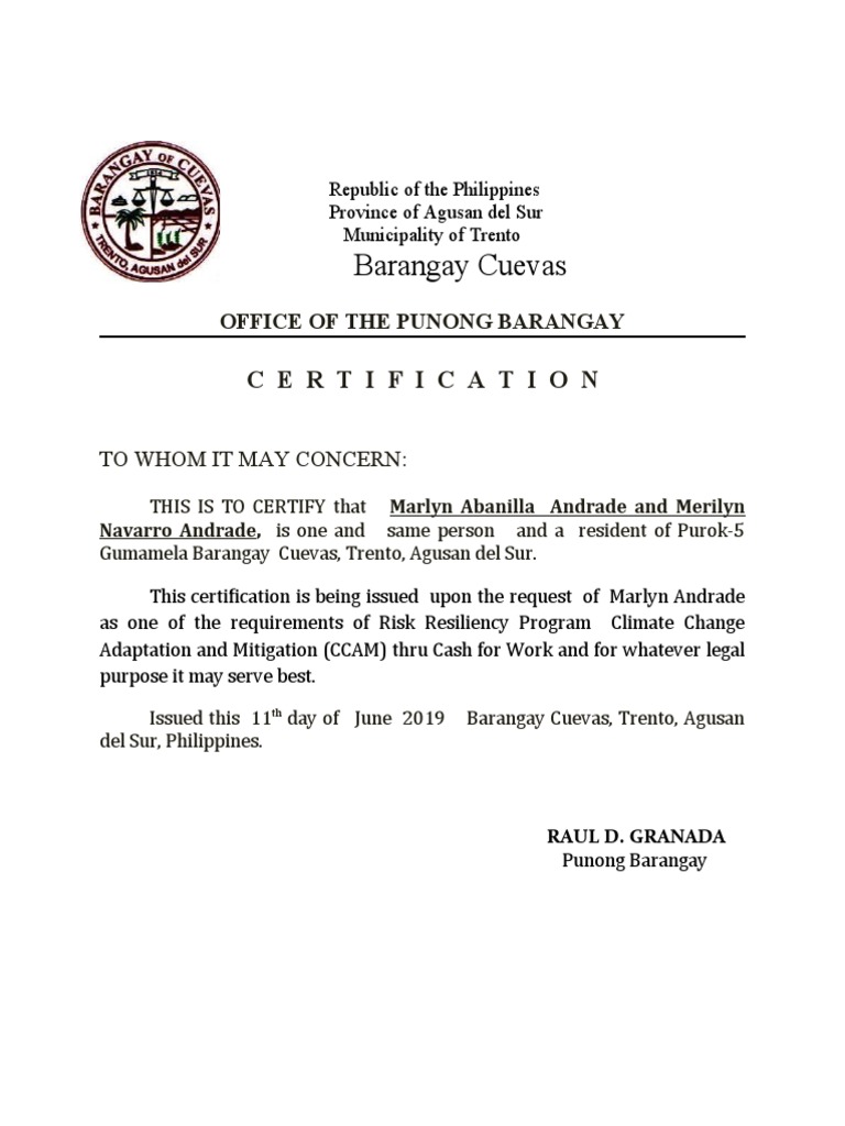 Certification of CASH FOR WORK 2019 (CCAM) | PDF Certification of CASH FOR WORK 2019 (CCAM) | PDF