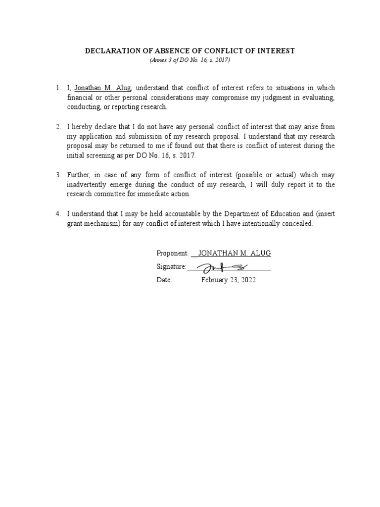 Division - Declaration of Absence - Jonathan M. Alug | PDF | Conflict Of Interest | Governance