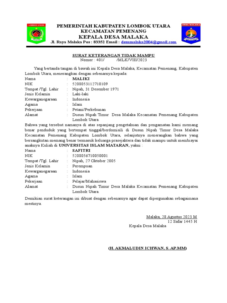 Surat SKTM Sekolah 5208053112710109 2023-08-28 | PDF
