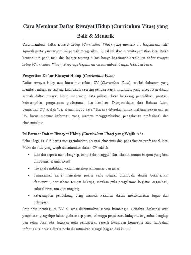 Cara Membuat Daftar Riwayat Hidup Yang Baik Menarik Pdf