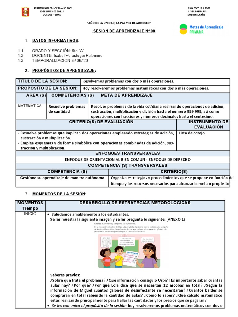 SES. 8 MAT 5-06 Resolvemos problemas con dos o más operaciones | PDF | Evaluación | Cognición
