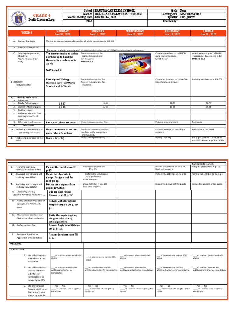 Grade 4 Math Lesson Plan: Whole Numbers | PDF | Rhythm | Learning