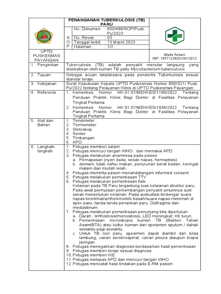 Sop Penanganan Tuberkulosis TB Paru | PDF
