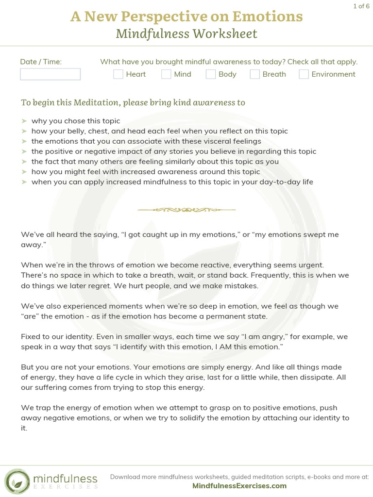 Mindfulness Worksheet on Emotions | PDF | Mindfulness | Emotions