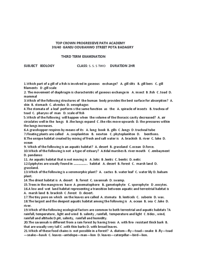 Biology SS2 Third Term Exam | PDF | Gill | Habitat Biology SS2 Third Term Exam | PDF | Gill | Habitat