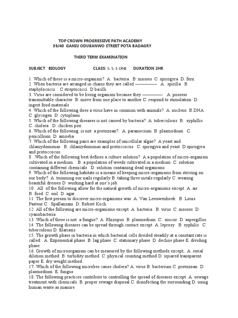 Biology SS1 Third Term Exam | PDF | Bacteria | Microorganism