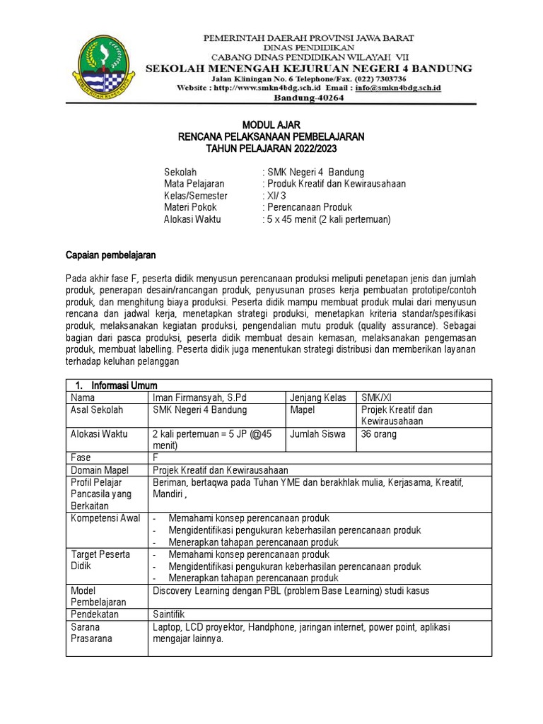 Modul Ajar - Perencanaan Produk | PDF