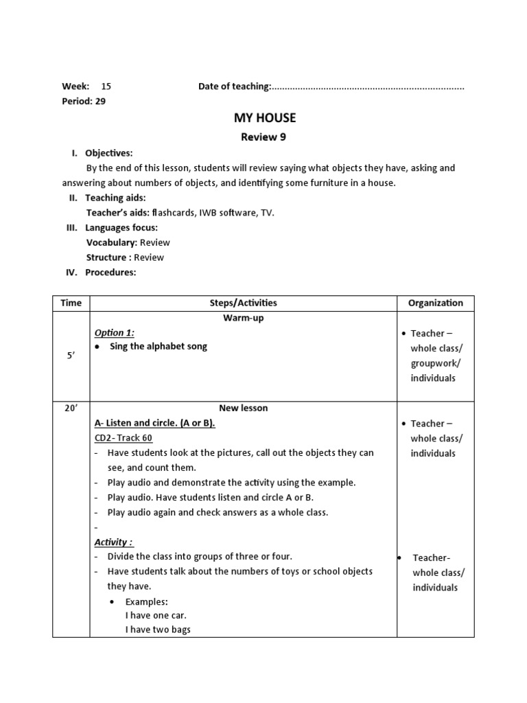 My House Lesson Plan Review 9 | PDF