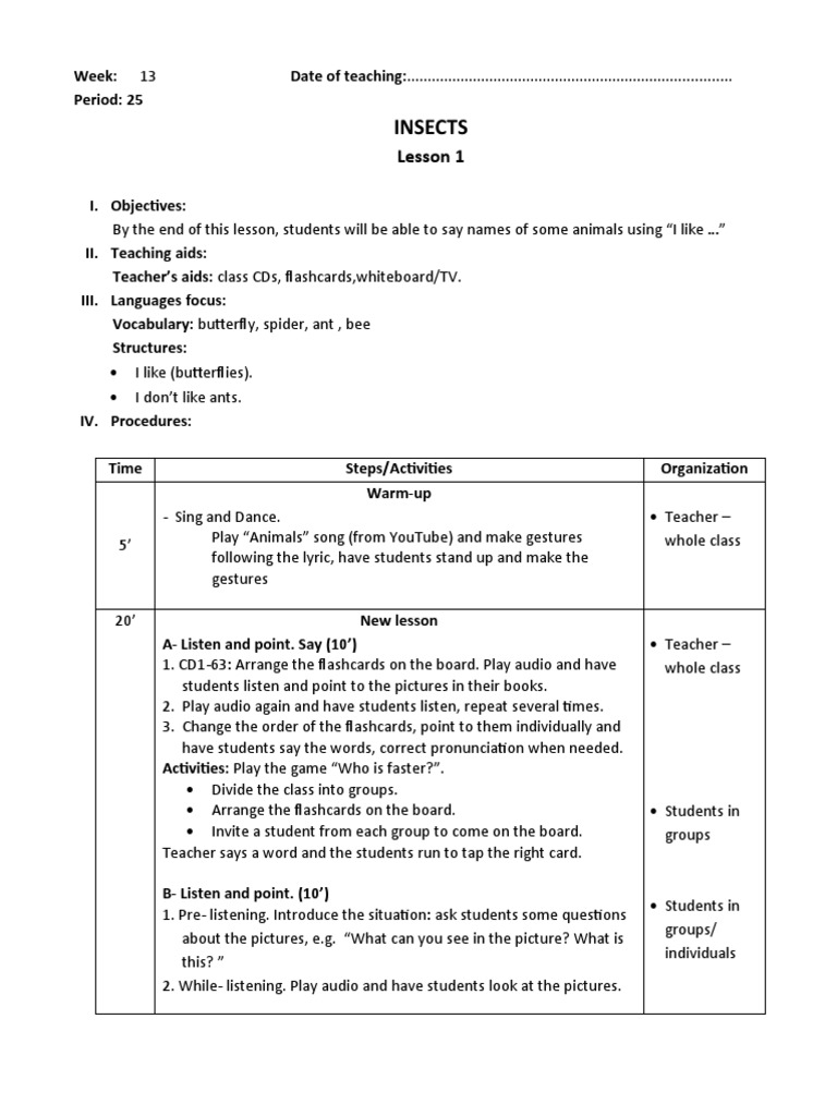 Lesson Plan - Week 13 - Insects | PDF | Linguistics | Learning