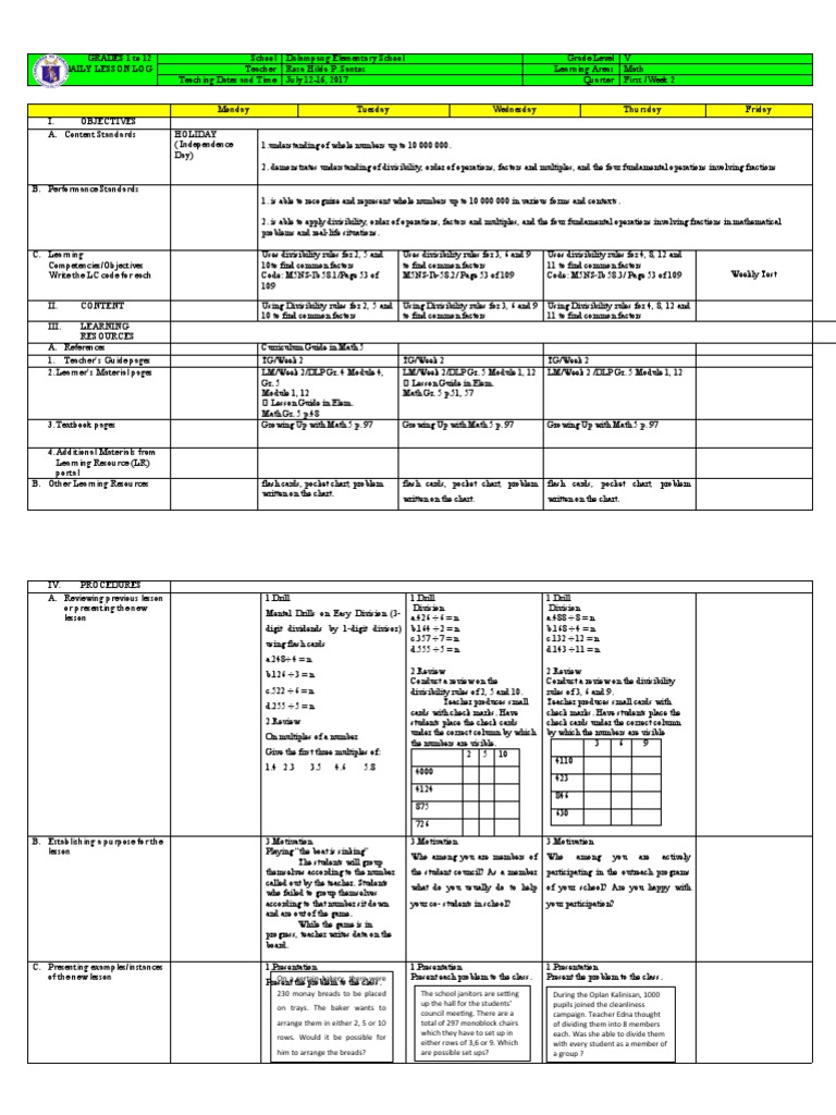 Grade 5 DLL Q1 Week 2 Math 1 | PDF