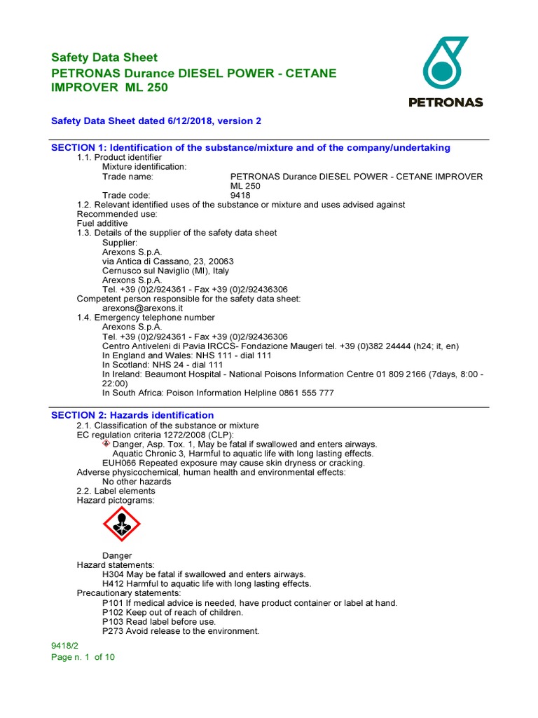 PETRONAS Diesel Power SDS | PDF | Science & Mathematics
