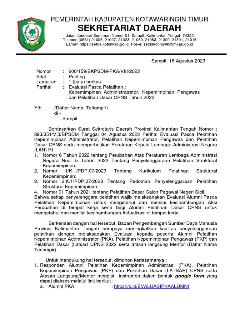 Surat Evaluasi Pasca Pka PKP Latsar 2023 | PDF