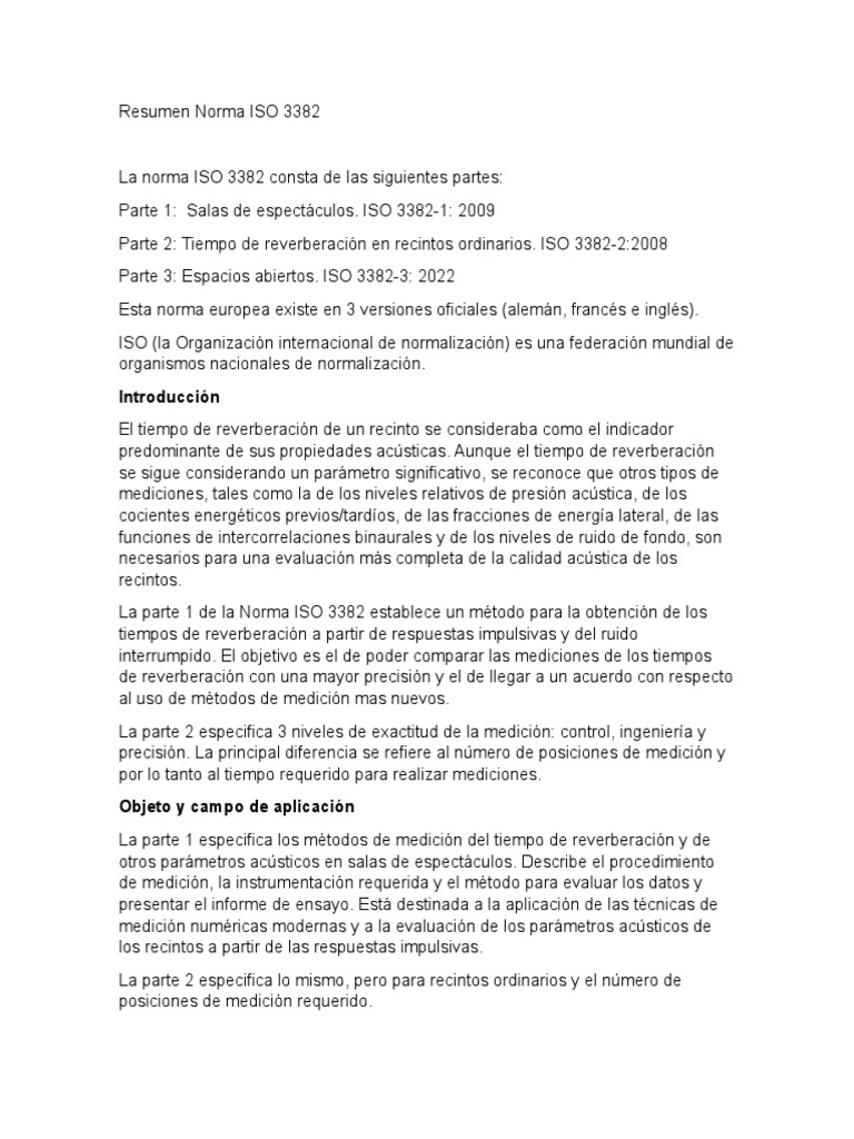 Resumen Norma ISO 3382 | PDF | Micrófono | Estandarización