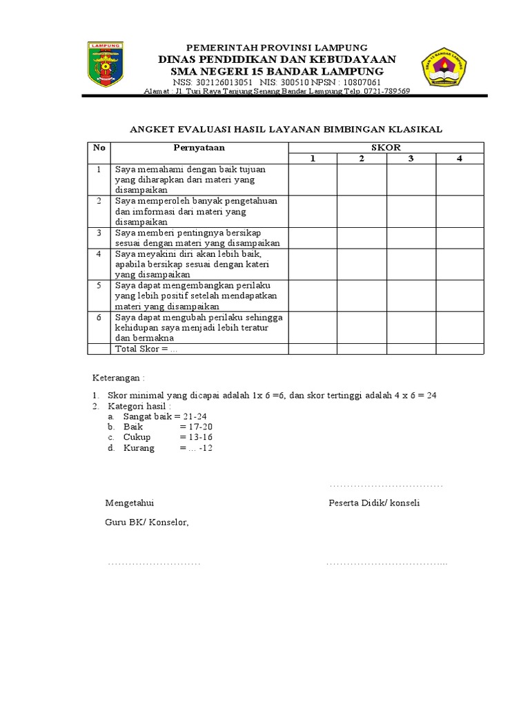 Angket Evaluasi Hasil Layanan Bimbingan Klasikal | PDF Angket Evaluasi Hasil Layanan Bimbingan Klasikal | PDF