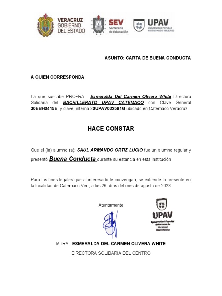 Formato de Carta de Buena Conducta Upav | PDF
