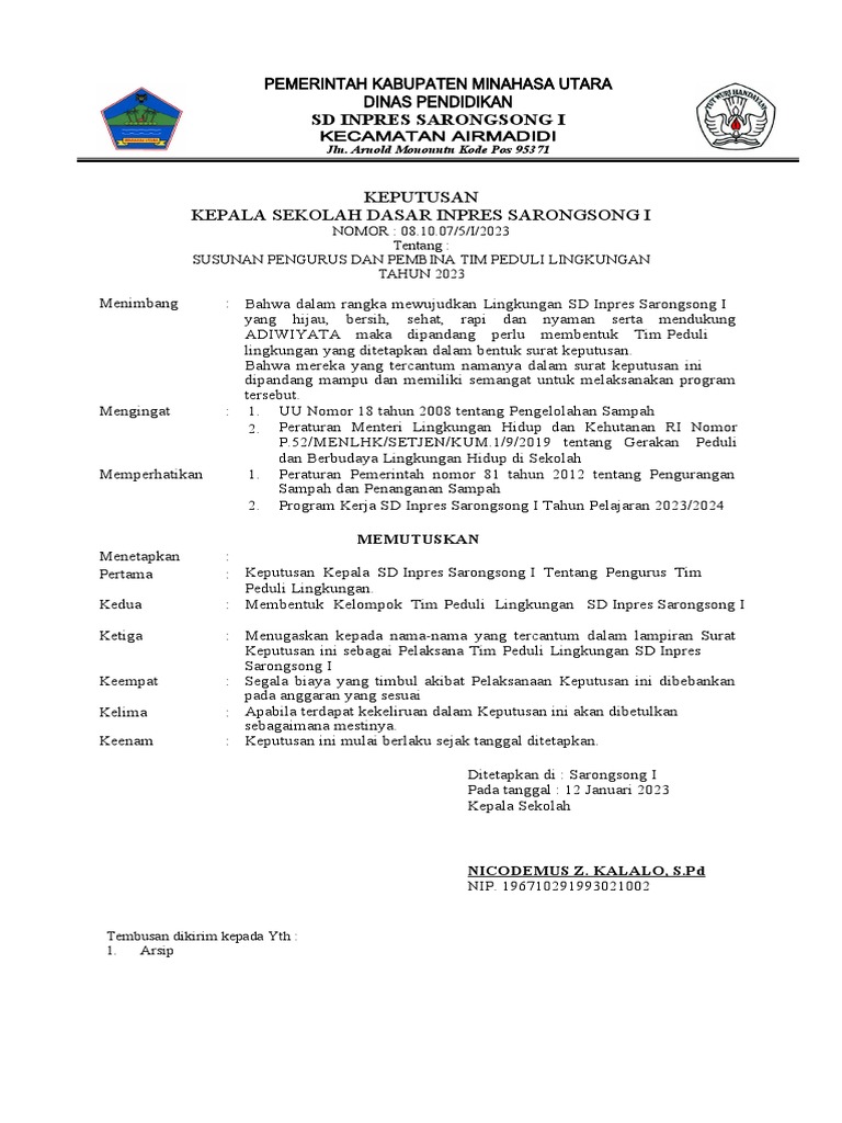 Contoh SK Tim Peduli Lingkungan SD Sarongsong I | PDF