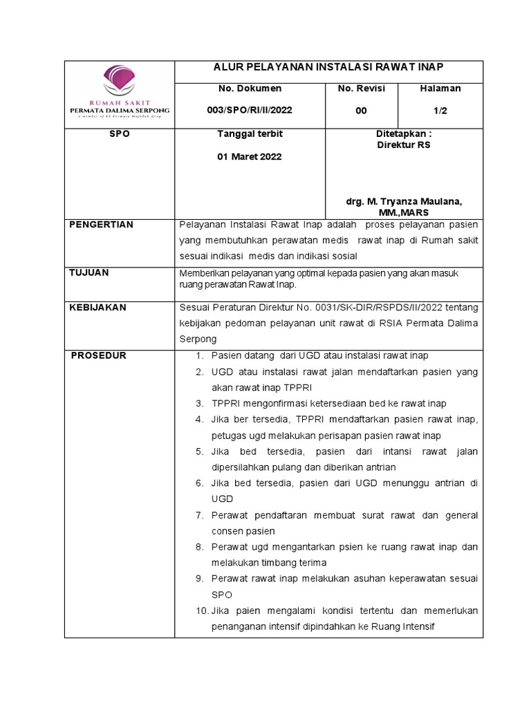003-Spo Alur Pelayanan Instalasi Rawat Inap | PDF