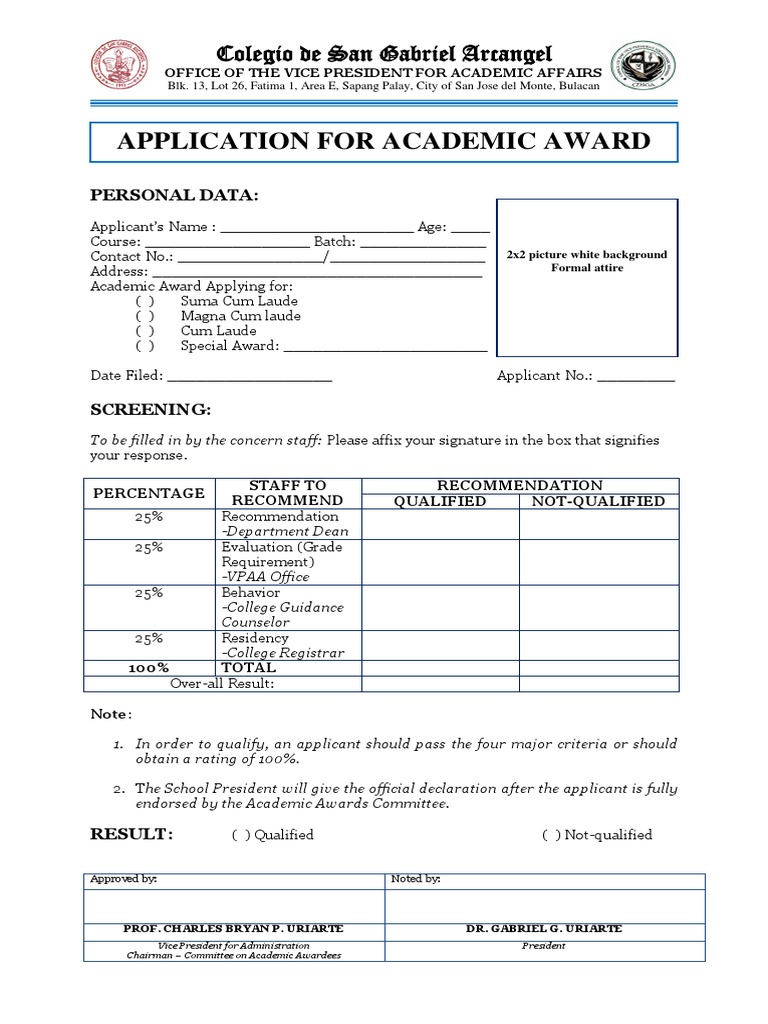 Application For Academic Award Non Academic | PDF