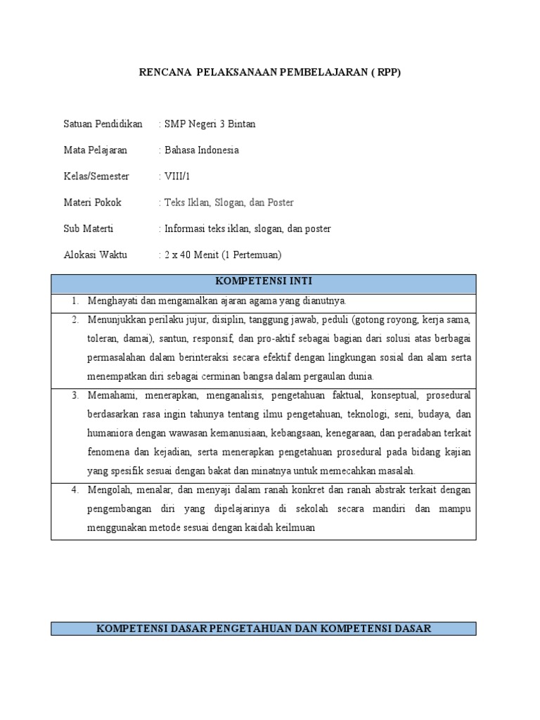 RPP Teks Iklan, Slogan Dan Poster Kelas VIII SMP | PDF | Karier & Perkembangan | Seni