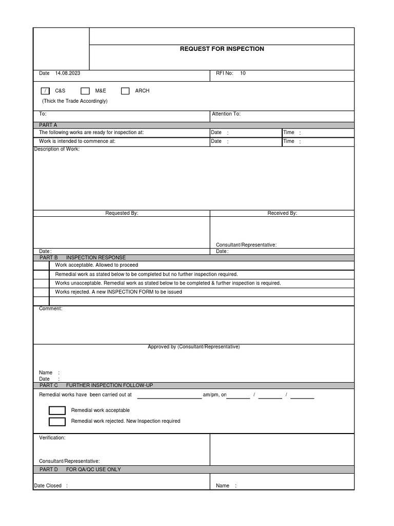 Request For Inspection Format | PDF