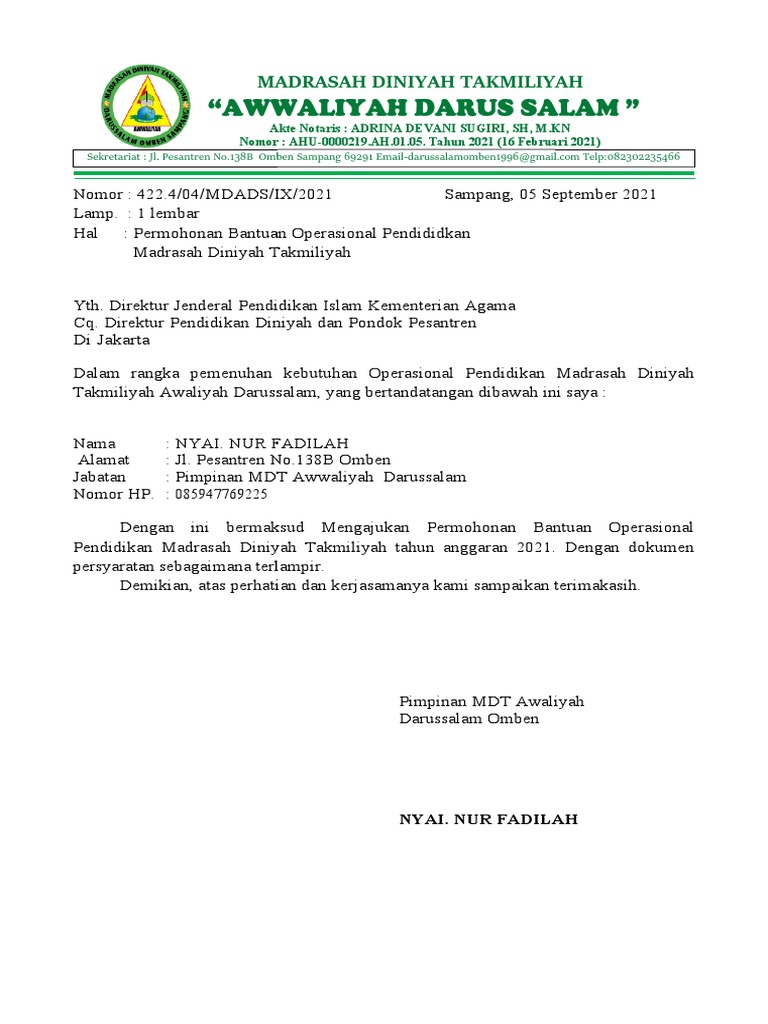 Permohonan BOP Awwaliyah | PDF