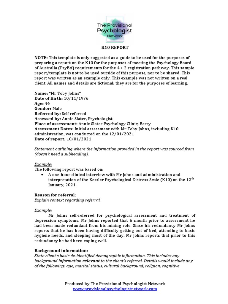 K10 Report Example and Template | PDF | Major Depressive Disorder ...